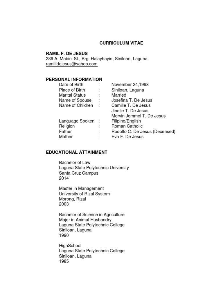 Curriculum Vitae of Ramil F. De Jesus | PDF | Wellness