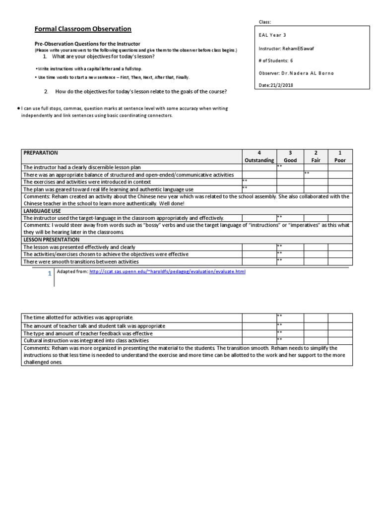 Formal Classroom Observation Form | PDF | Classroom | Question