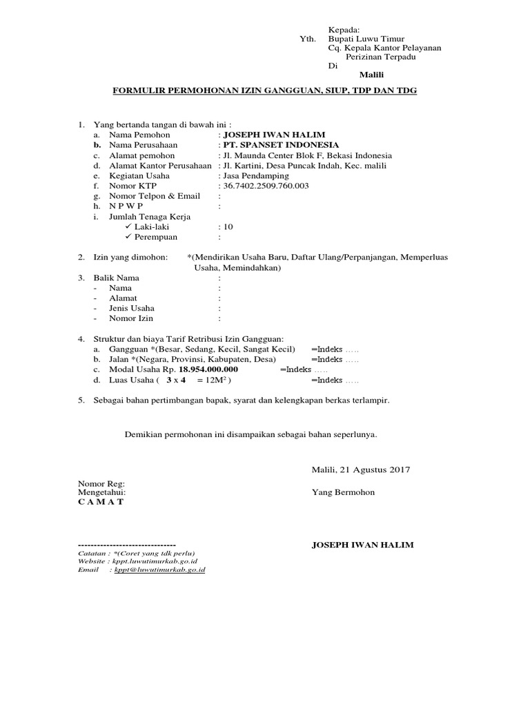 Formulir Permohonan Izin Gangguan | PDF