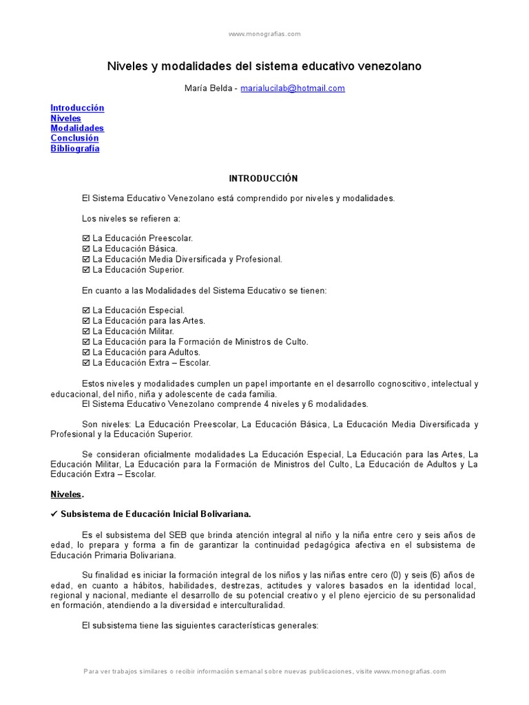 Niveles y Modalidades Educativas en Venezuela | PDF | Jardín de ...