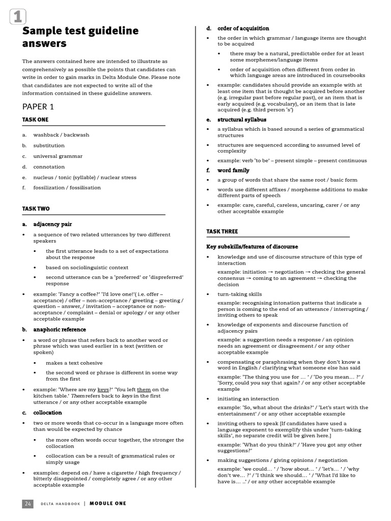 Delta Module 1 Sample Papers Key PDF | PDF | Second Language | Verb