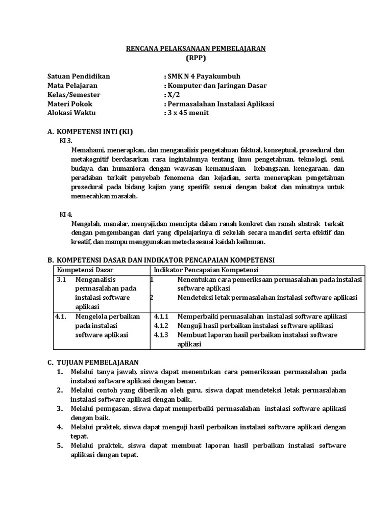 RPP Komputer Dan Jaringan Dasar Semester 2 (Genap) X K13 2018 | PDF