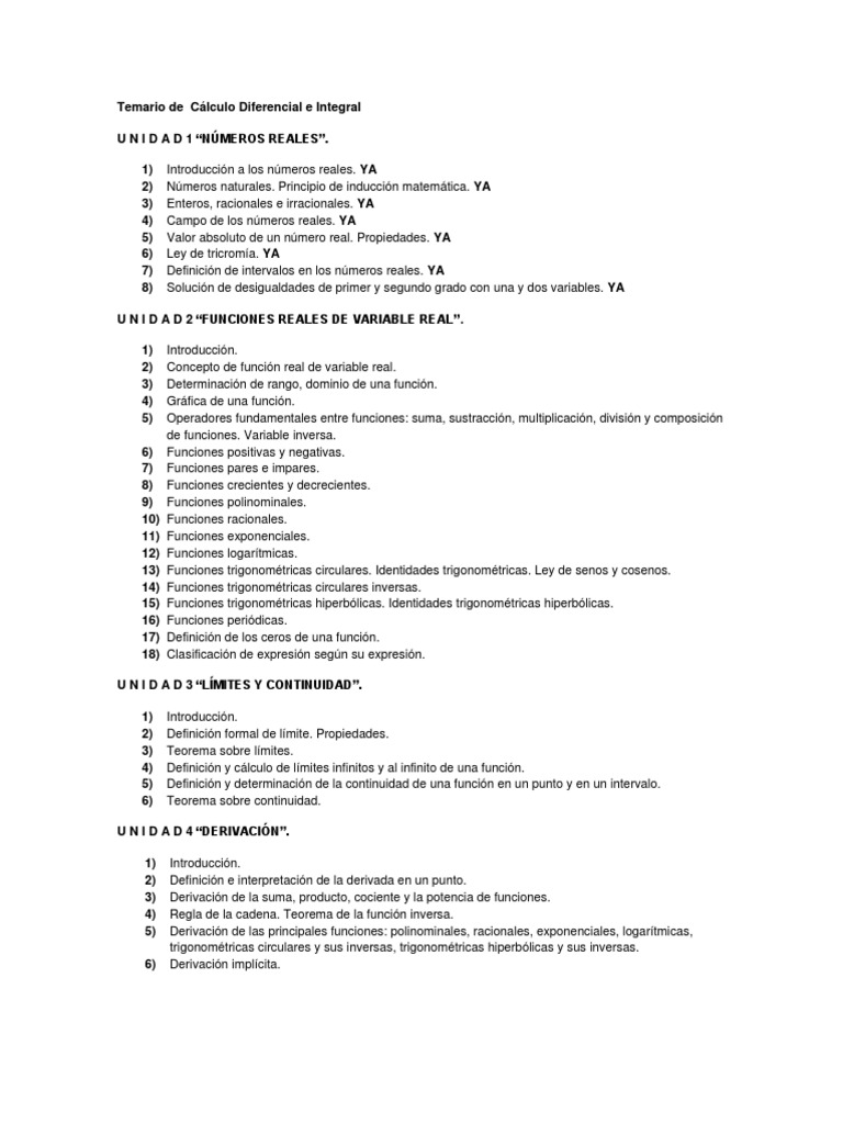 Temario de Cálculo Diferencial e Integral | PDF | Integral | Derivado