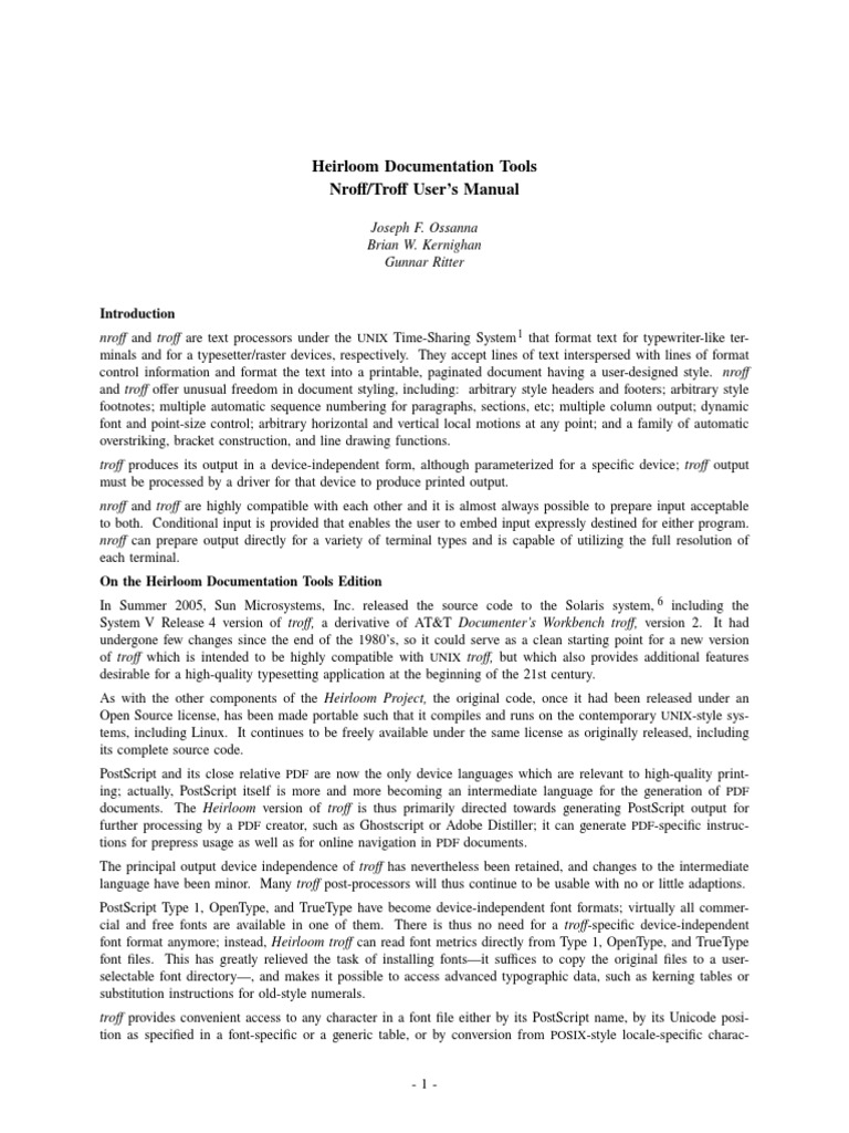 Heirloom Documentation Tools Nroff/Troff User's Manual: Joseph F ...