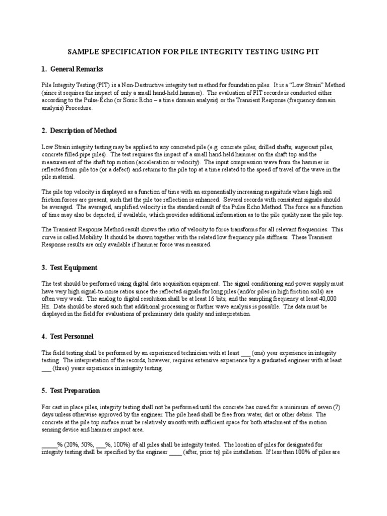 Sample Specification For Pile Integrity Testing Using Pit | PDF | Deep ...