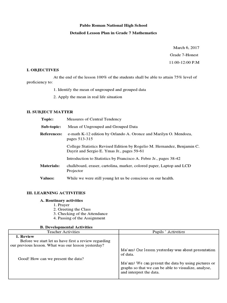 Demo | PDF | Mean | Lesson Plan