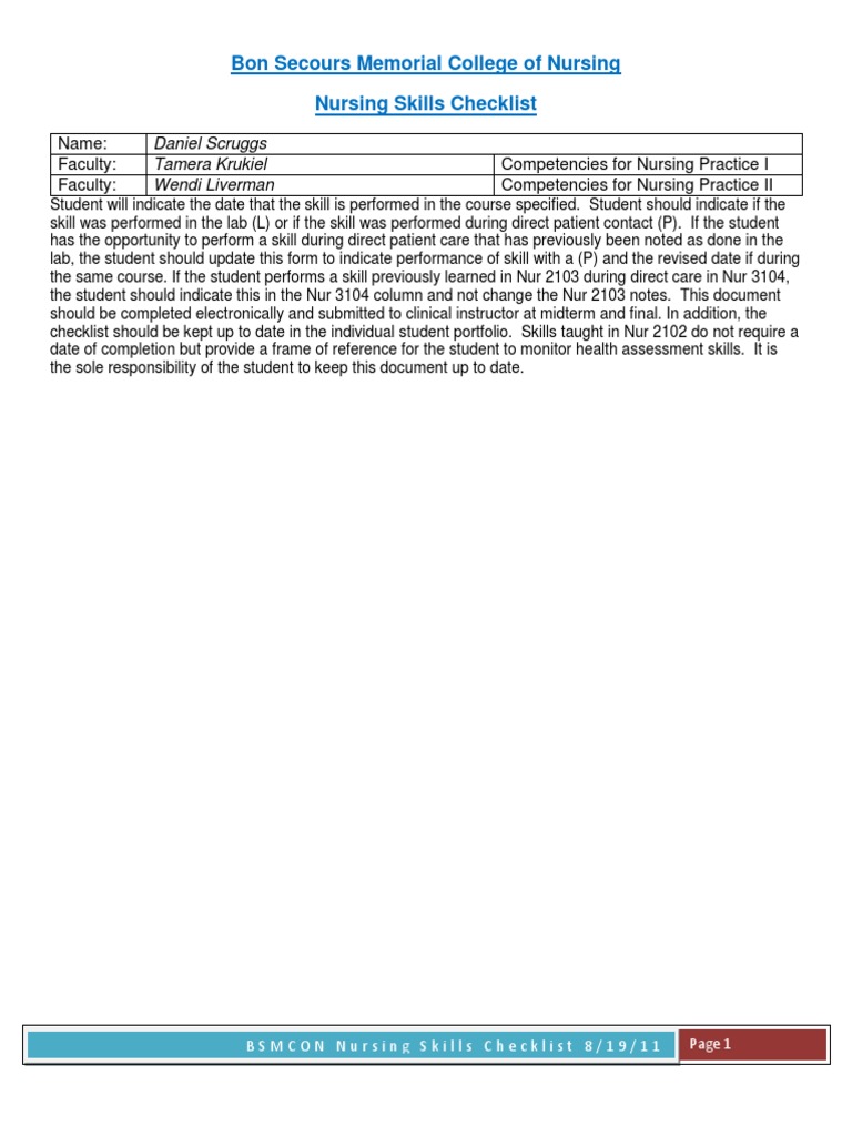 Nursing Skills Checklist for Students | PDF | Intravenous Therapy ...