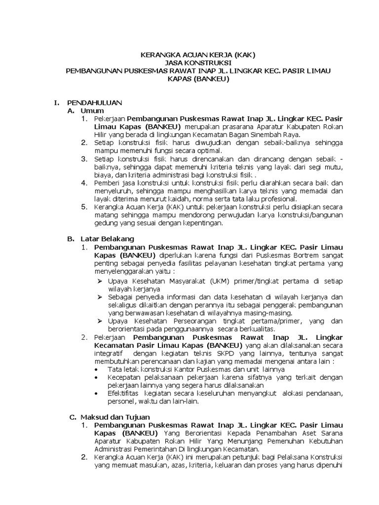 KAK Konstruksi Pembangunan Puskesmas Rawat Inap Jl. Lingkar | PDF | Teknologi & Rekayasa