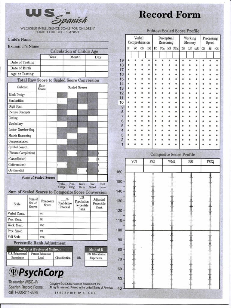 WISC IV Protocol | PDF