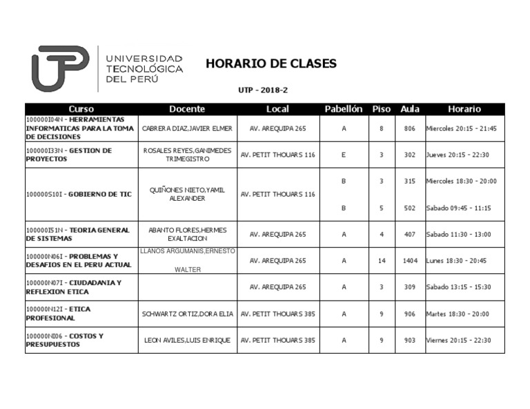 Horario Utp - 2018 - 2 | PDF