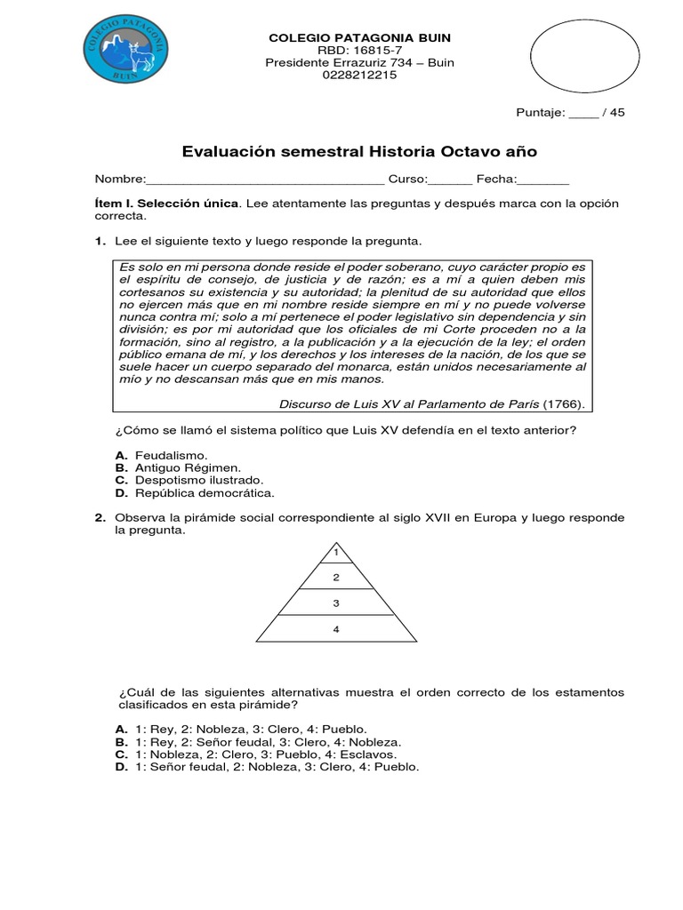 Evaluacion Semestral Historia Octavo Basico | PDF | España | Chile