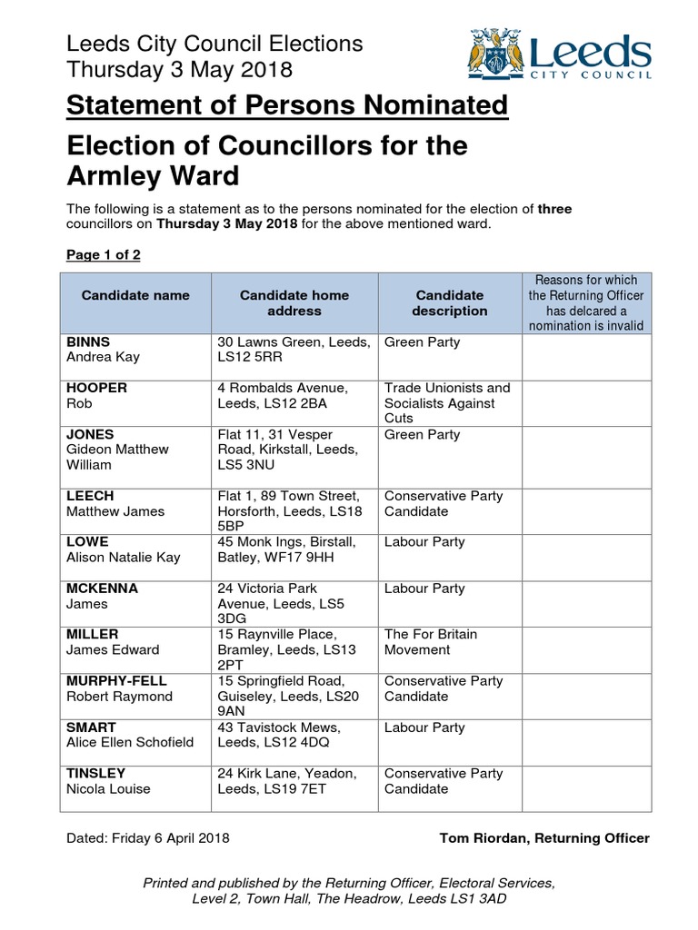Armley 2018 Election Candidates | PDF | Leeds | Elections