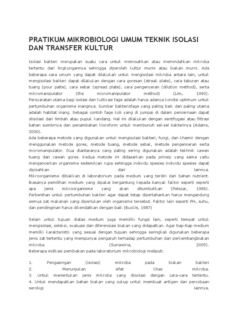TEKNIK ISOLASI DAN PENGEMBANGBIAKAN MIKROBA SECARA LABORATORIUM | PDF