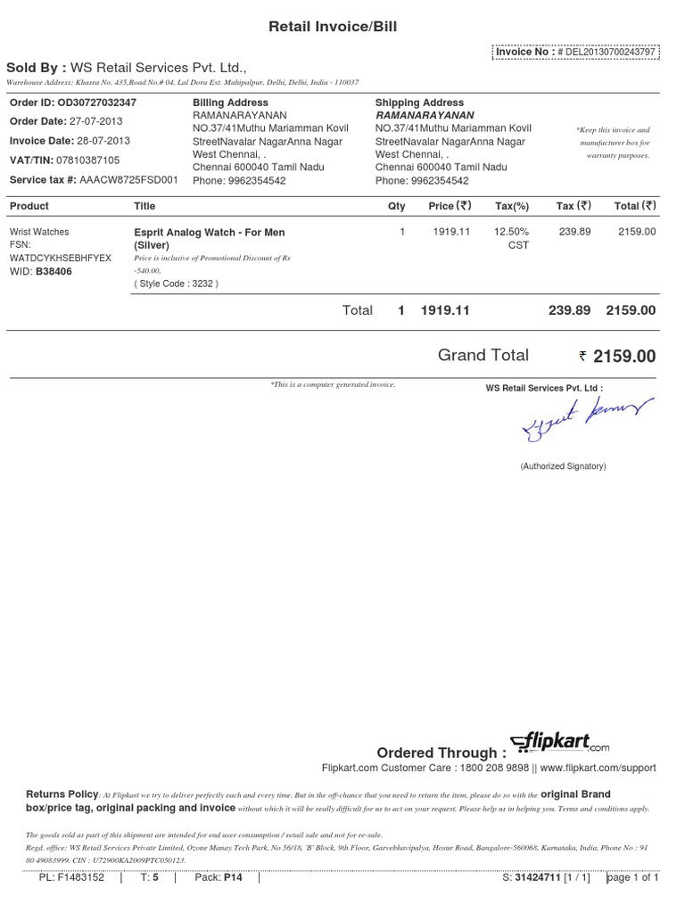 Retail Invoice Bill for Wrist Watch Sale | PDF | Retail | Invoice