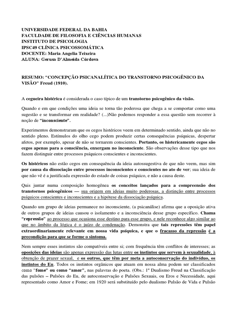 Transtorno Psicogênico da Visão | PDF | Psicanálise | Sigmund Freud