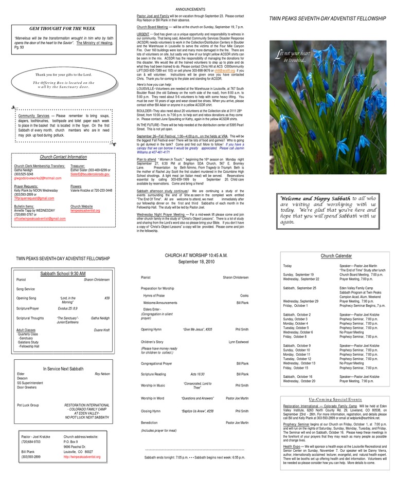 Bulletin For September 18, 2010 | PDF | Shabbat | Seventh Day Adventist ...