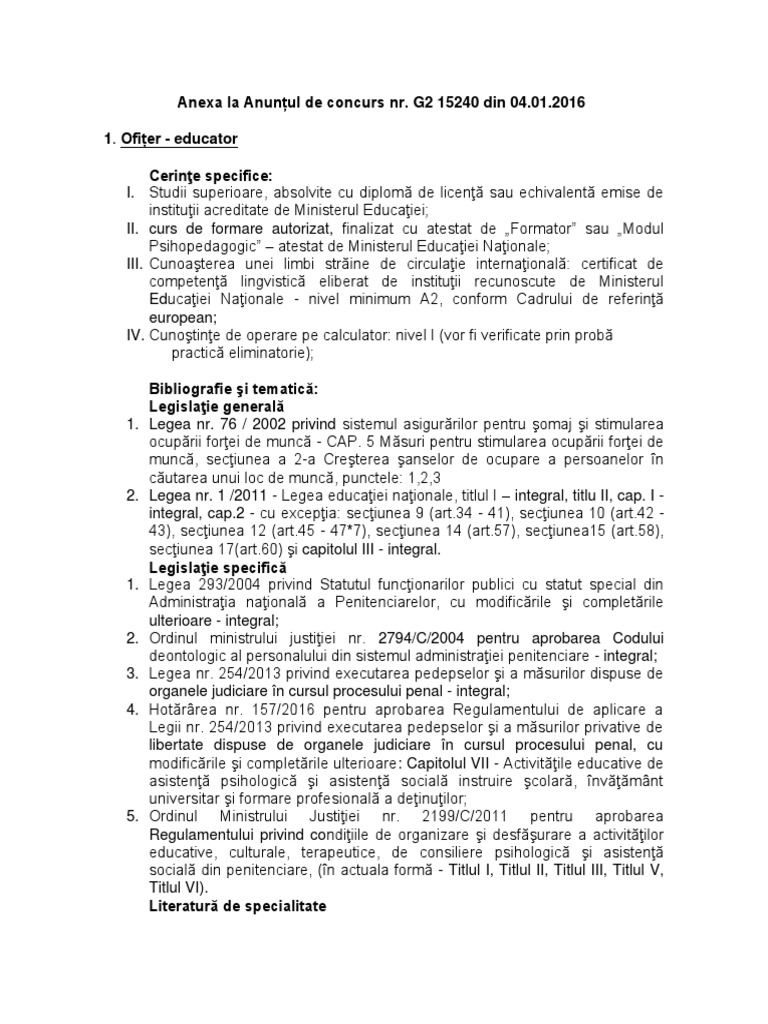 Anexa La Anunțul de Concurs Tehnician Agronom Si Ofiter Educatie | PDF