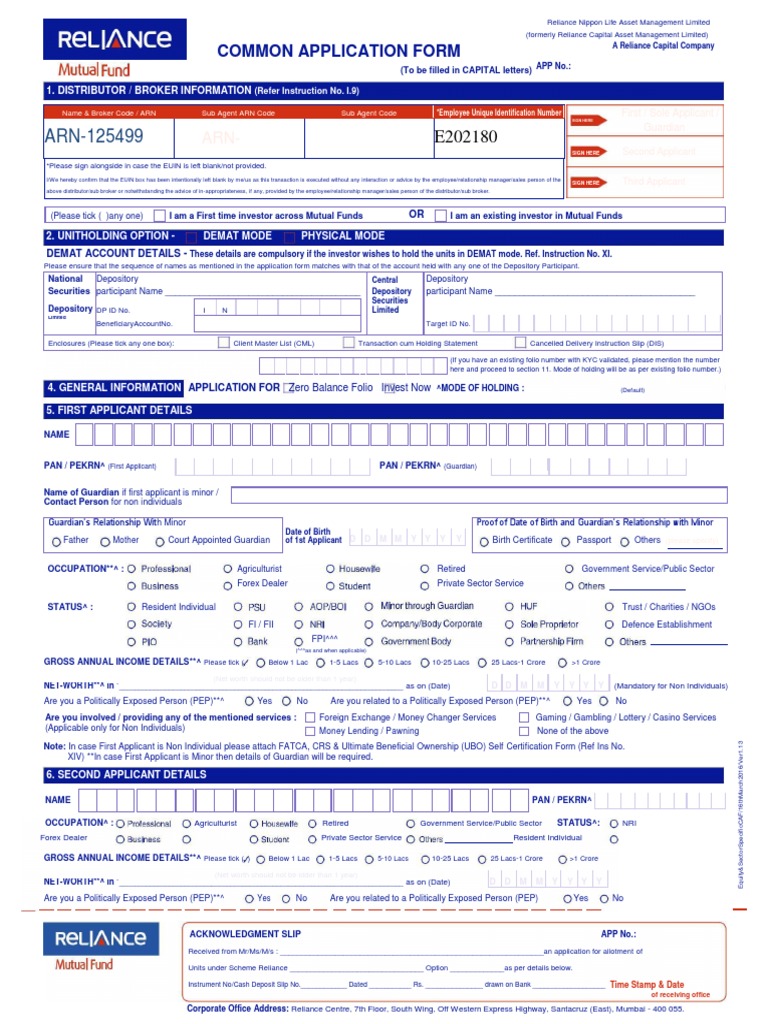 Reliance Comman Application Form Sip and Lumsump | PDF | Investing ...