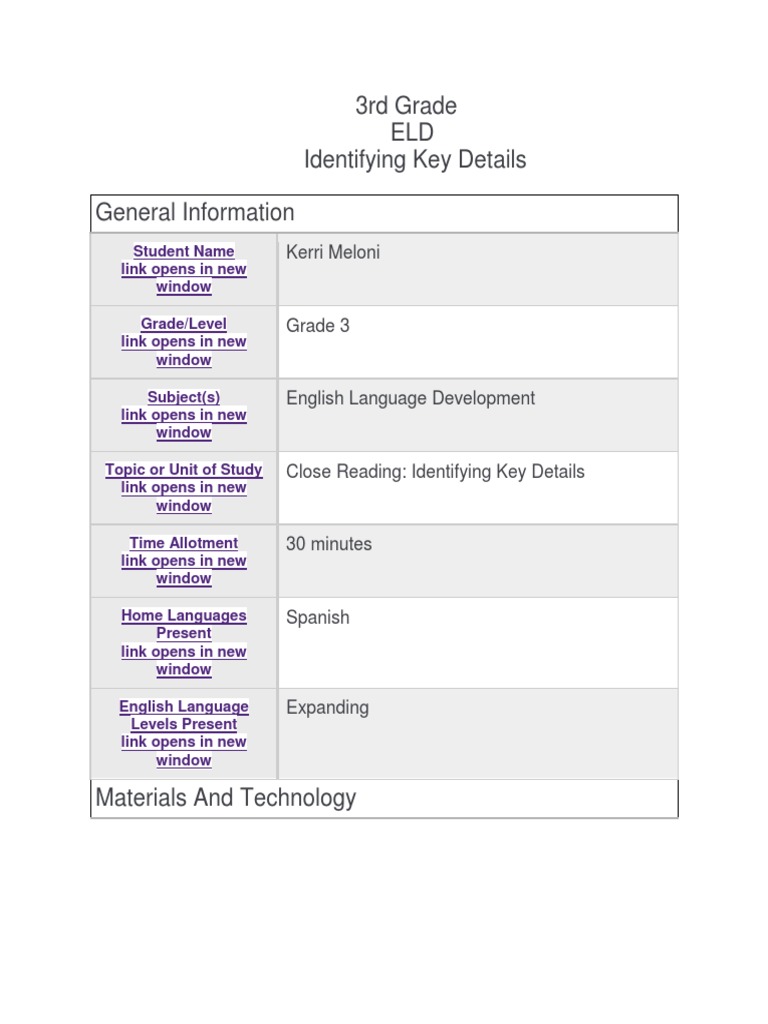 3rd Grade ELD Identifying Key Details General Information: Kerri Meloni ...