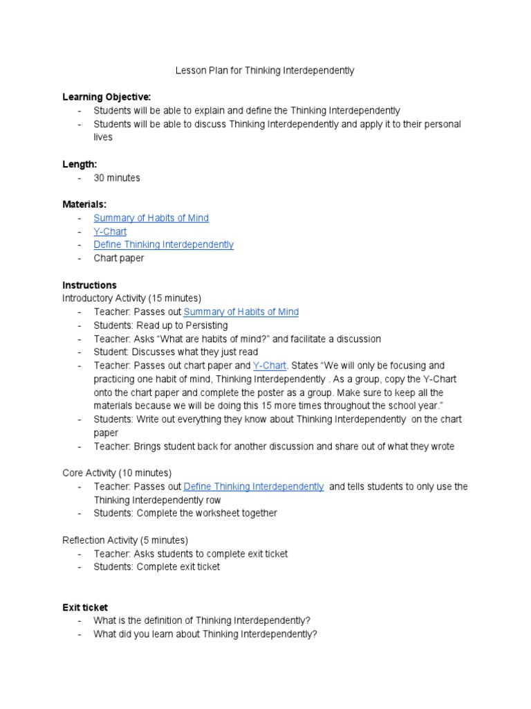 Lesson Plan - Thinking Interdependently | PDF