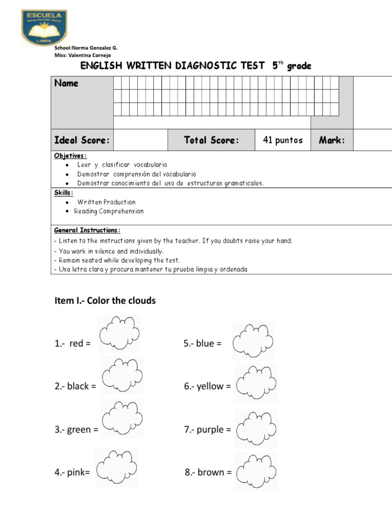 English Written Diagnostic Test 5 Grade Name Date:: Item I.-Color The ...