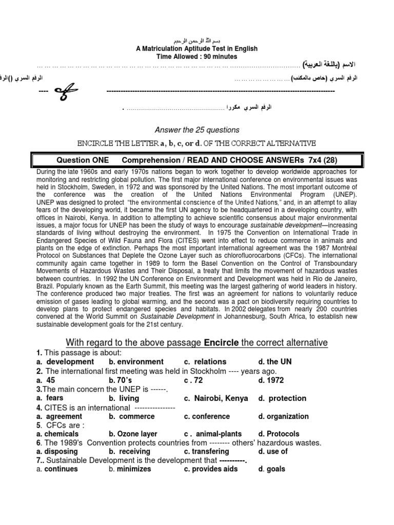 Matriculation Aptitude Test | PDF | United Nations Environment ...