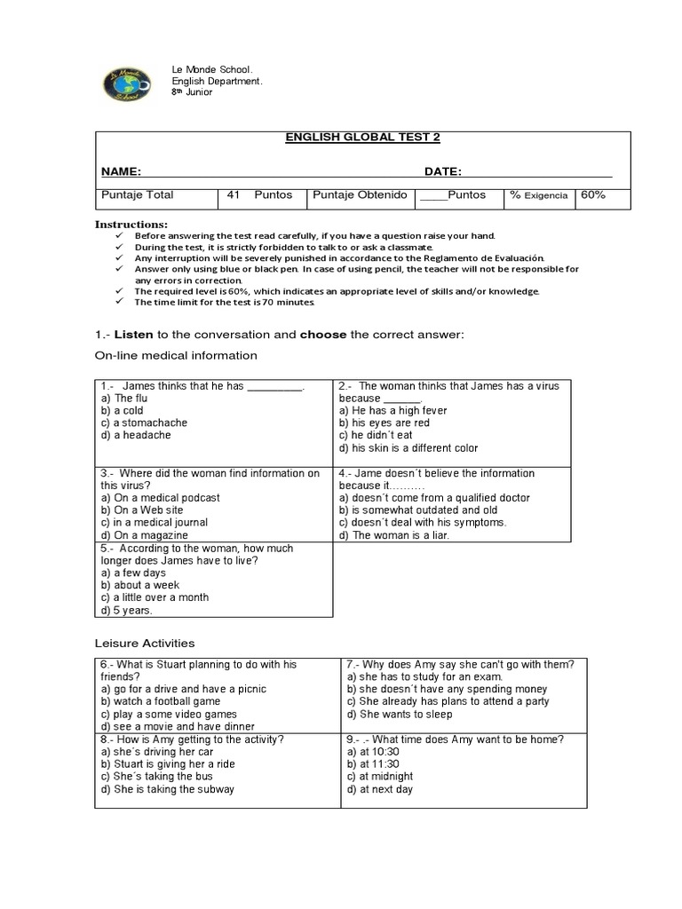 Instructions:: English Global Test 2 | PDF | Mountains | Lava