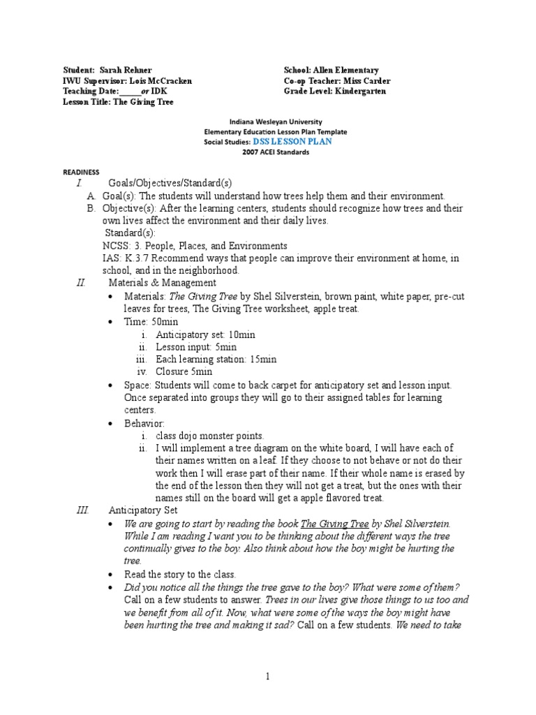 The Giving Tree Lesson Plan | PDF | Lesson Plan | Educational Assessment