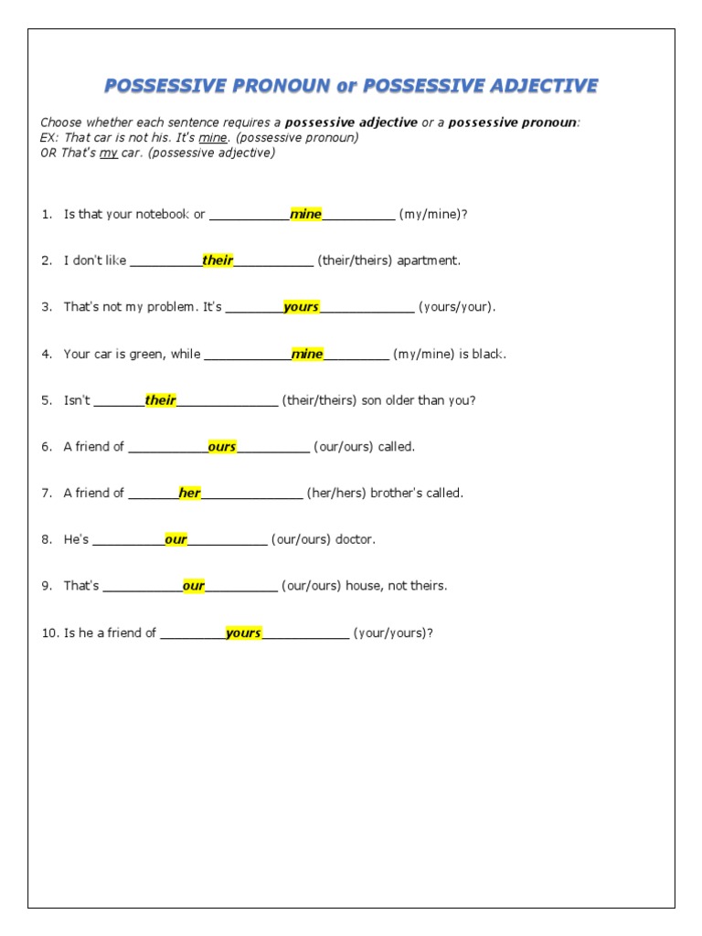 Possessive Pronoun Adjective | PDF