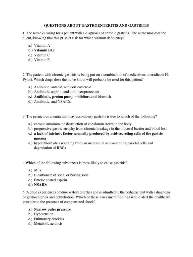 Questions About Gastroenteritis and Gastritis | PDF | Medical ...
