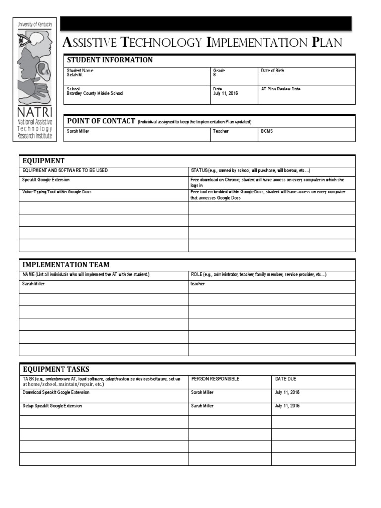 Assistive Technology Plan for Selah M. | PDF | Software | Teachers