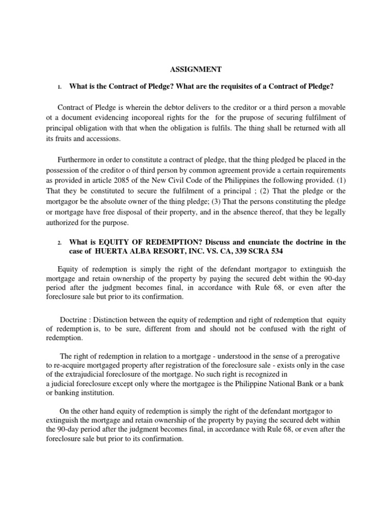 Assignment What Is The Contract of Pledge? What Are The Requisites of A ...