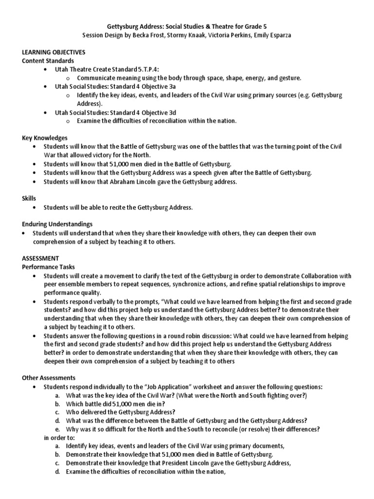 Gettysburg Address Lesson Plan for 5th Grade | PDF | Battle Of ...