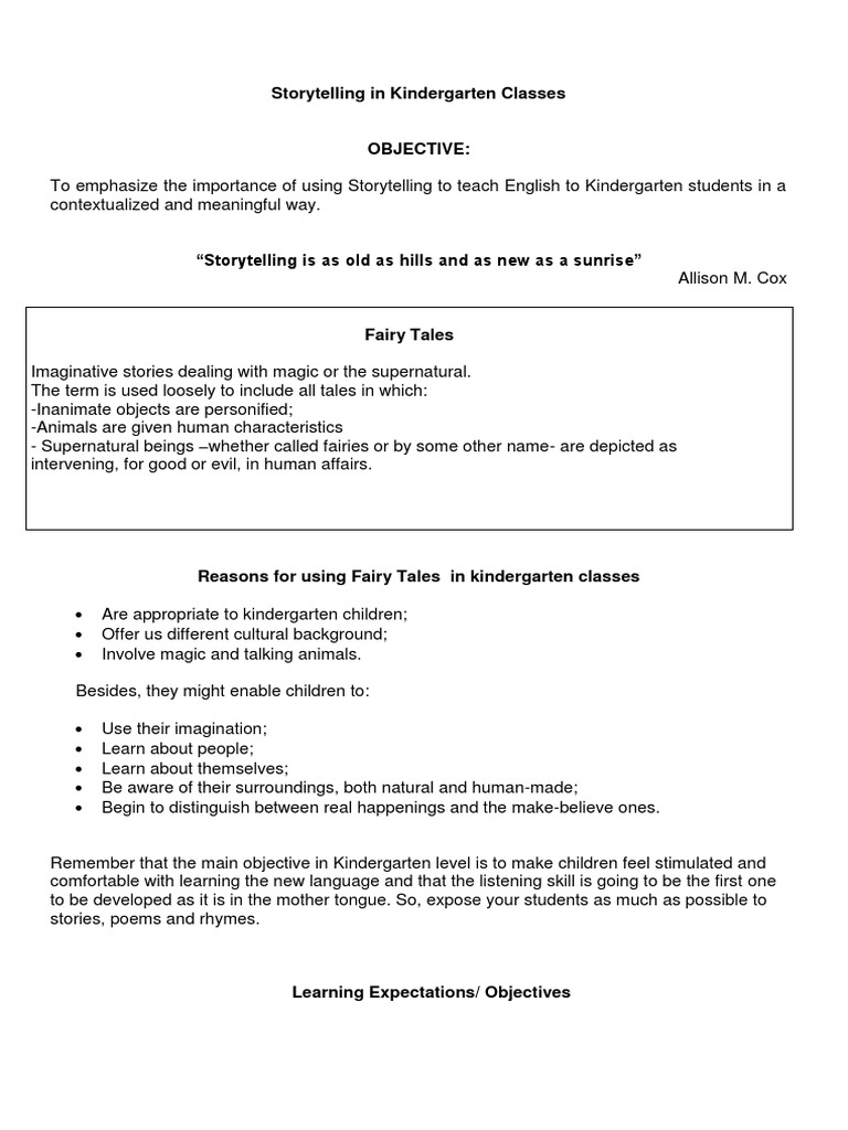 Storytelling in Kindergarten Classes | PDF | Language Development ...