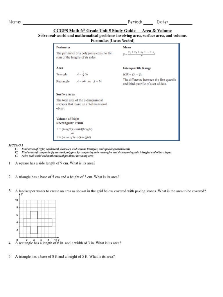CCGPS Math 6 Grade Unit 5 Study Guide - Area & Volume Formulas | PDF ...