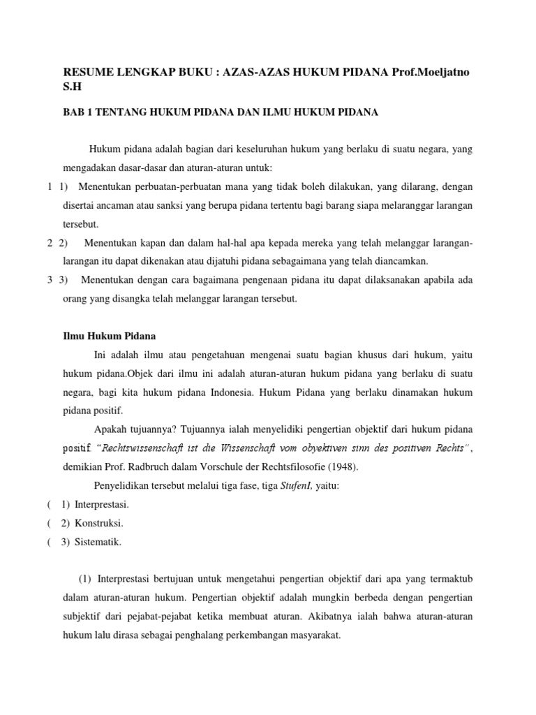 RESUME LENGKAP BUKU: AZAS-AZAS HUKUM PIDANA Prof - Moeljatno S.H BAB 1 ...