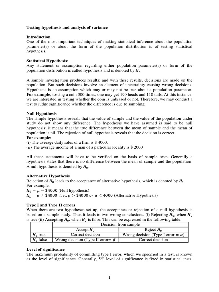 Testing Statistical Hypotheses An Introduction To Hypothesis Testing Types Of Errors Choosing