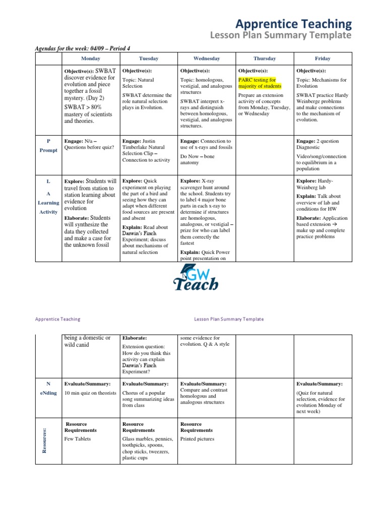 Apprentice Teaching: Lesson Plan Summary Template | PDF | Lesson Plan ...