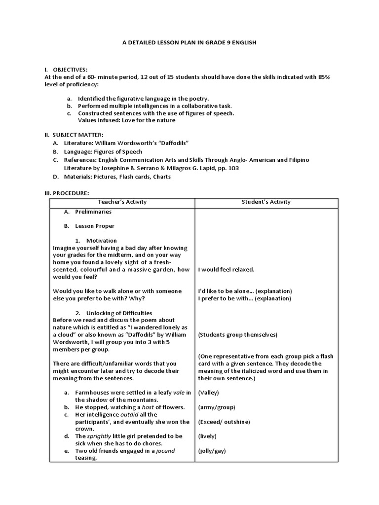 Grade 9 English Lesson Plan | PDF | Poetry | Lesson Plan