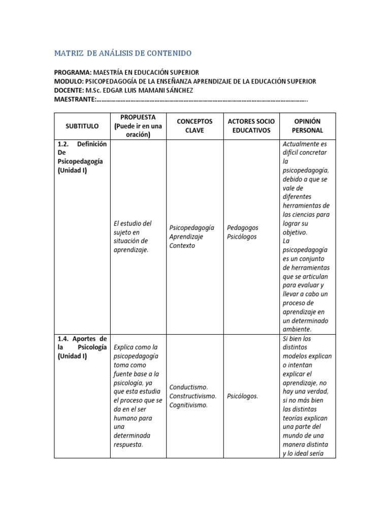 Trabajo Final 20 Puntos Matriz de Análisis de Contenido (Recuperado Automáticamente) | PDF ...