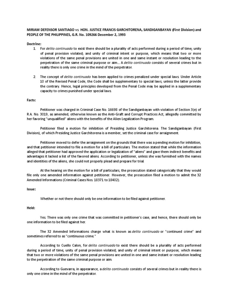 Santiago Vs Garchitorena - Art 48 Continuing Offense | PDF | Crime ...