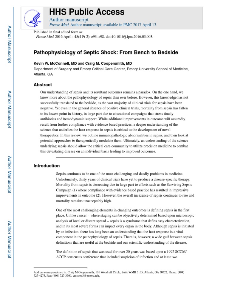 HHS Public Access: Pathophysiology of Septic Shock: From Bench To ...