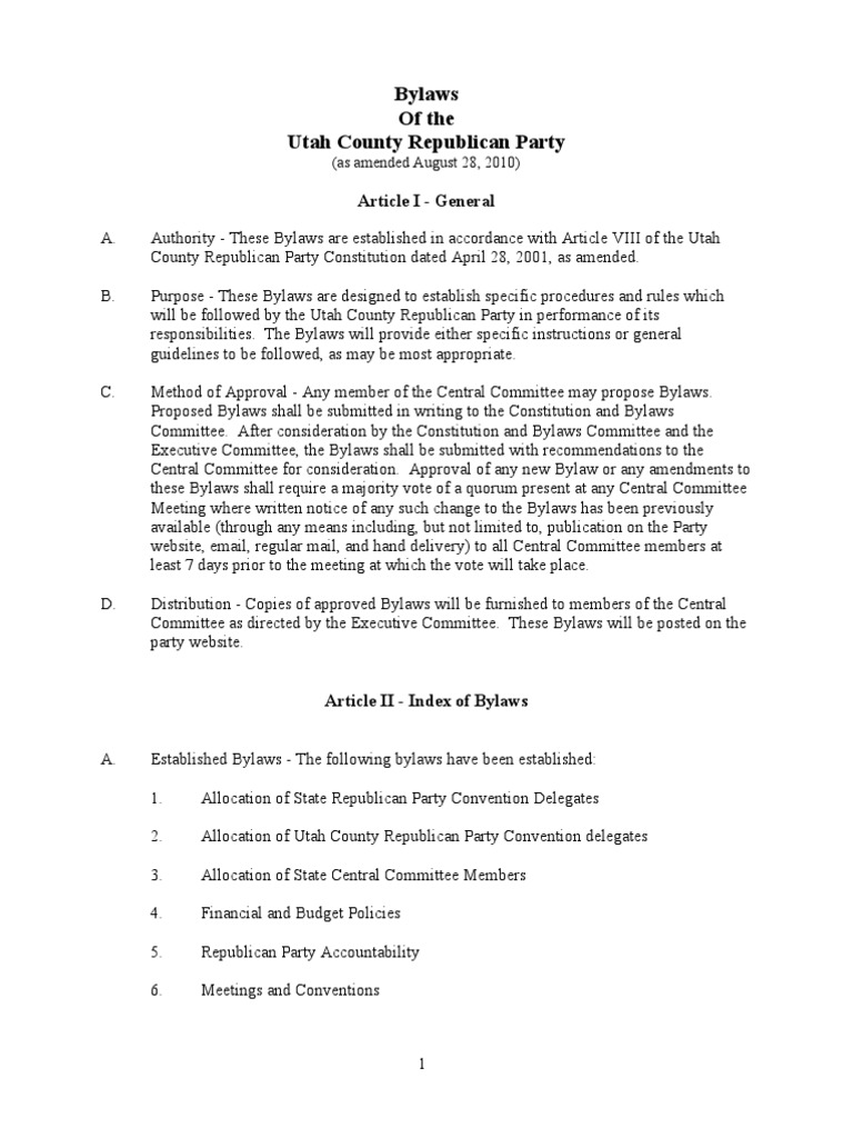 Bylaws of The Utah County Republican Party: Article I - General | PDF ...