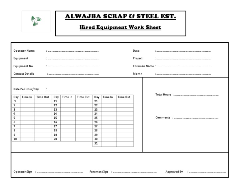 Equipment Hire Work Sheet | PDF