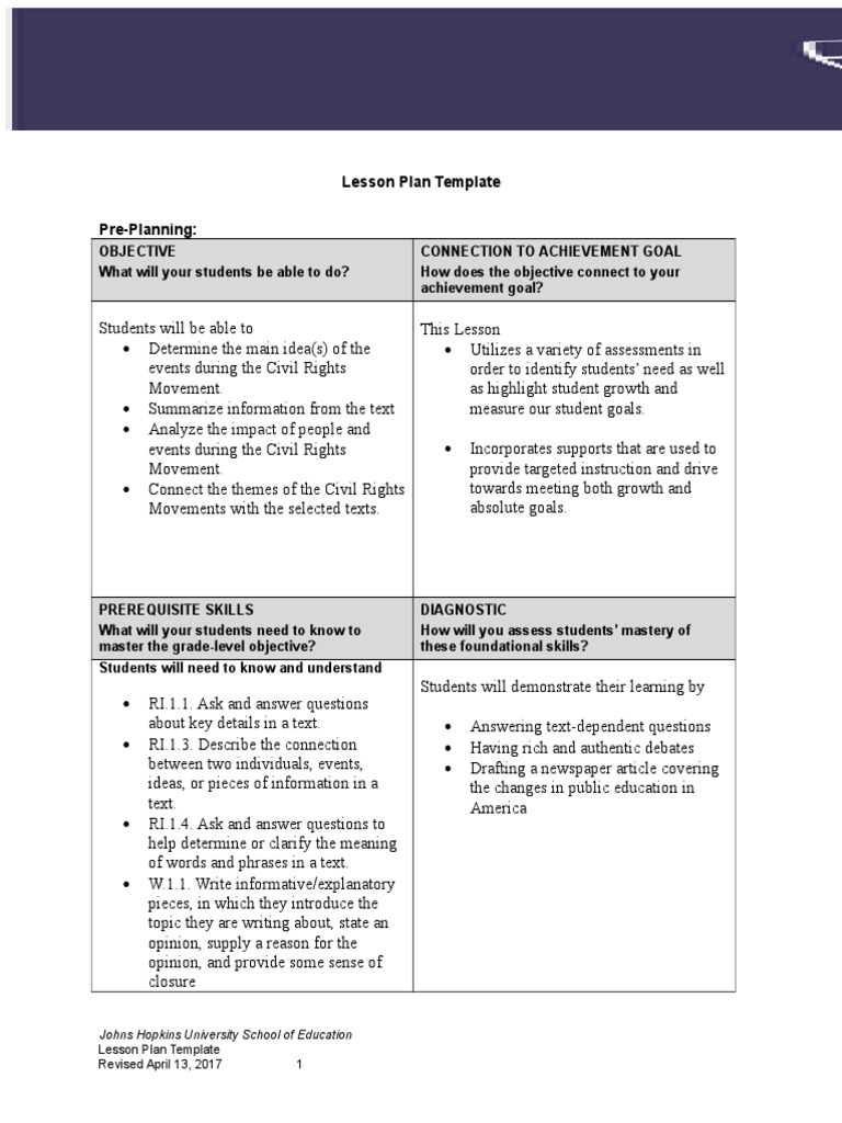 Lesson Plan Template Pre-Planning:: Johns Hopkins University School of ...
