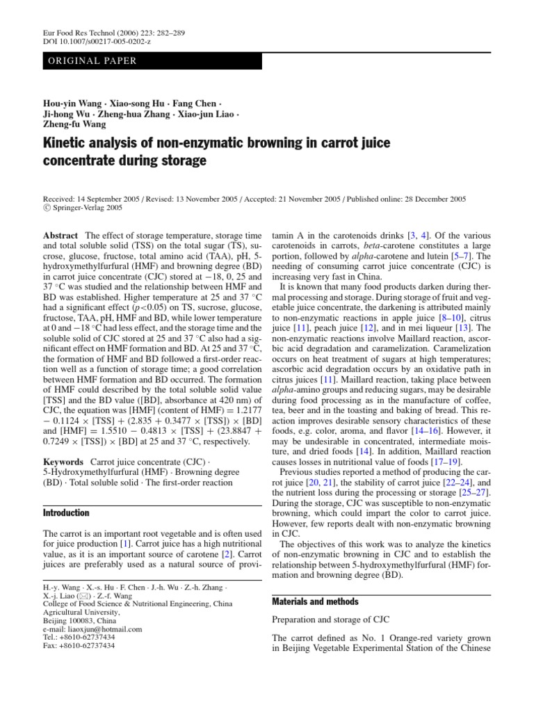Kinetic Analysis of Non-Enzymatic Browning in Carrot Juice | PDF ...