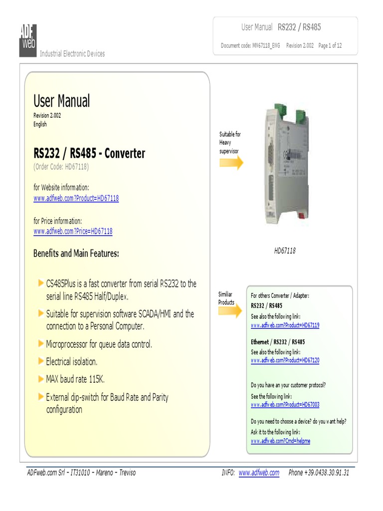 User Manual for RS232/RS485 Converter: Comprehensive Guide Provides ...