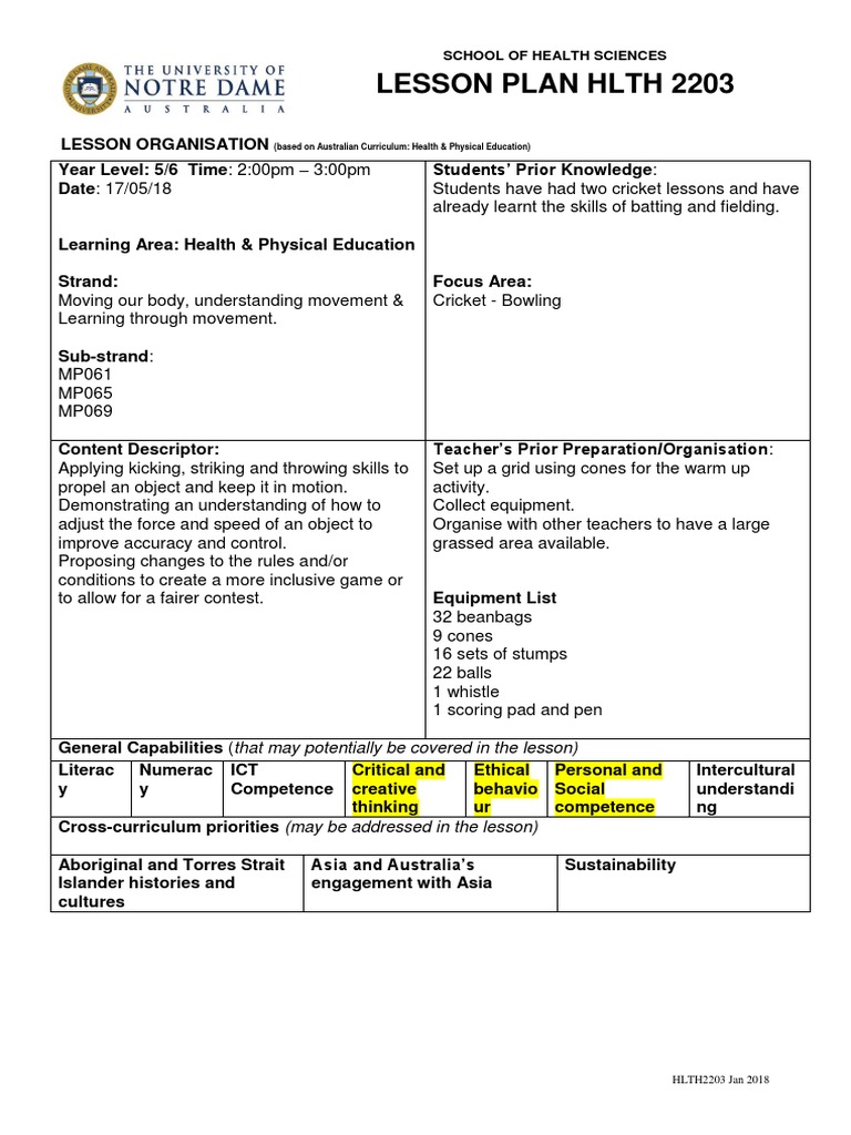 Year 5/6 Cricket Bowling Lesson Plan | PDF | Bowling (Cricket) | Ball ...