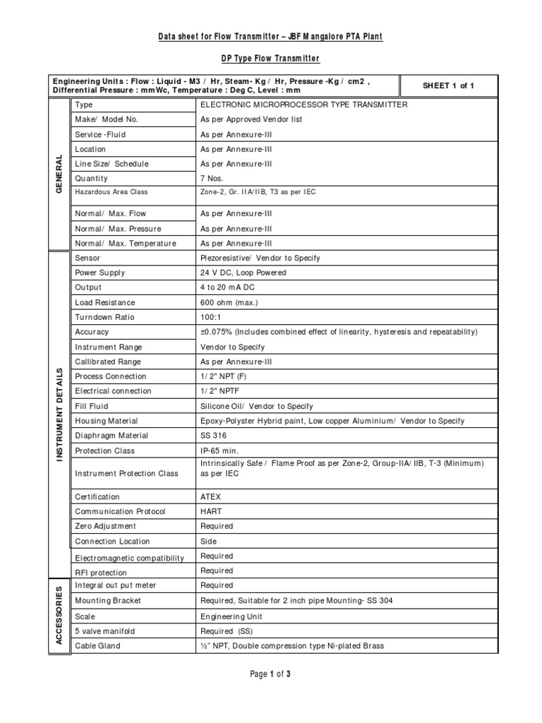 Data Sheet for DP Flow Transmitter - JBF Manglore PTA Plant | Flow ...
