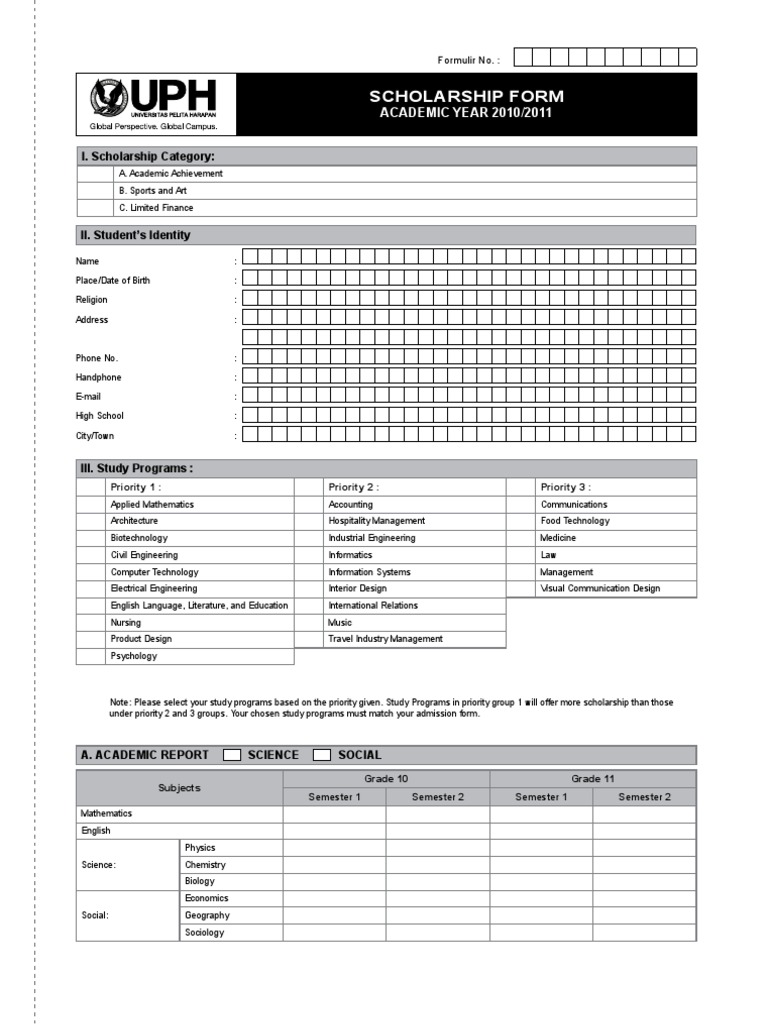Scholarship Form UPH | PDF | University And College Admission | Engineering